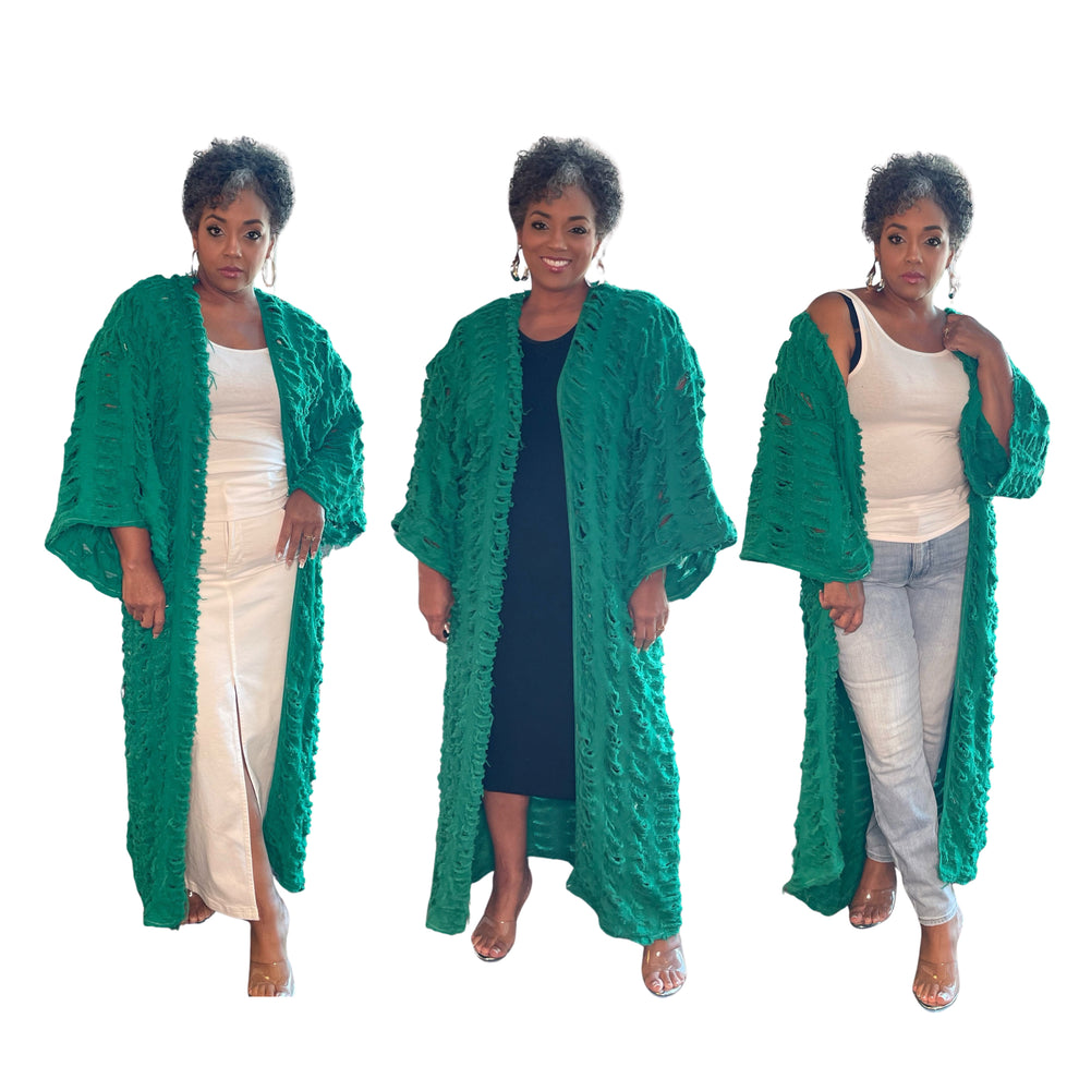 Green Denim Distressed Duster – A Greek Creation